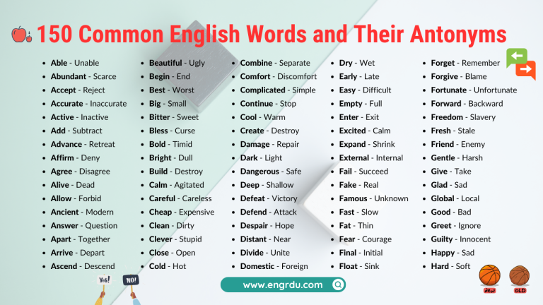 150 Common English Words and Their Antonyms with PDF - Engrdu