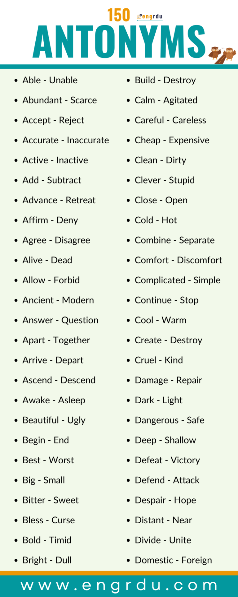 150 Common English Words and Their Antonyms with PDF - Engrdu