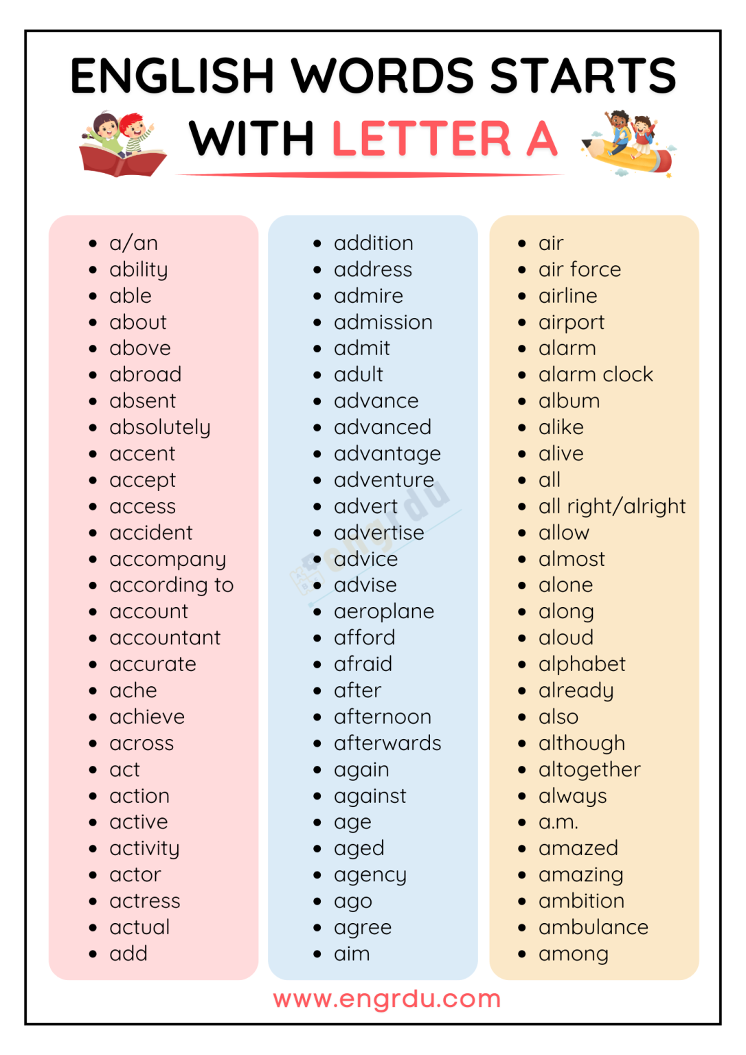 500+ English Words Starts With The Letter A - Engrdu