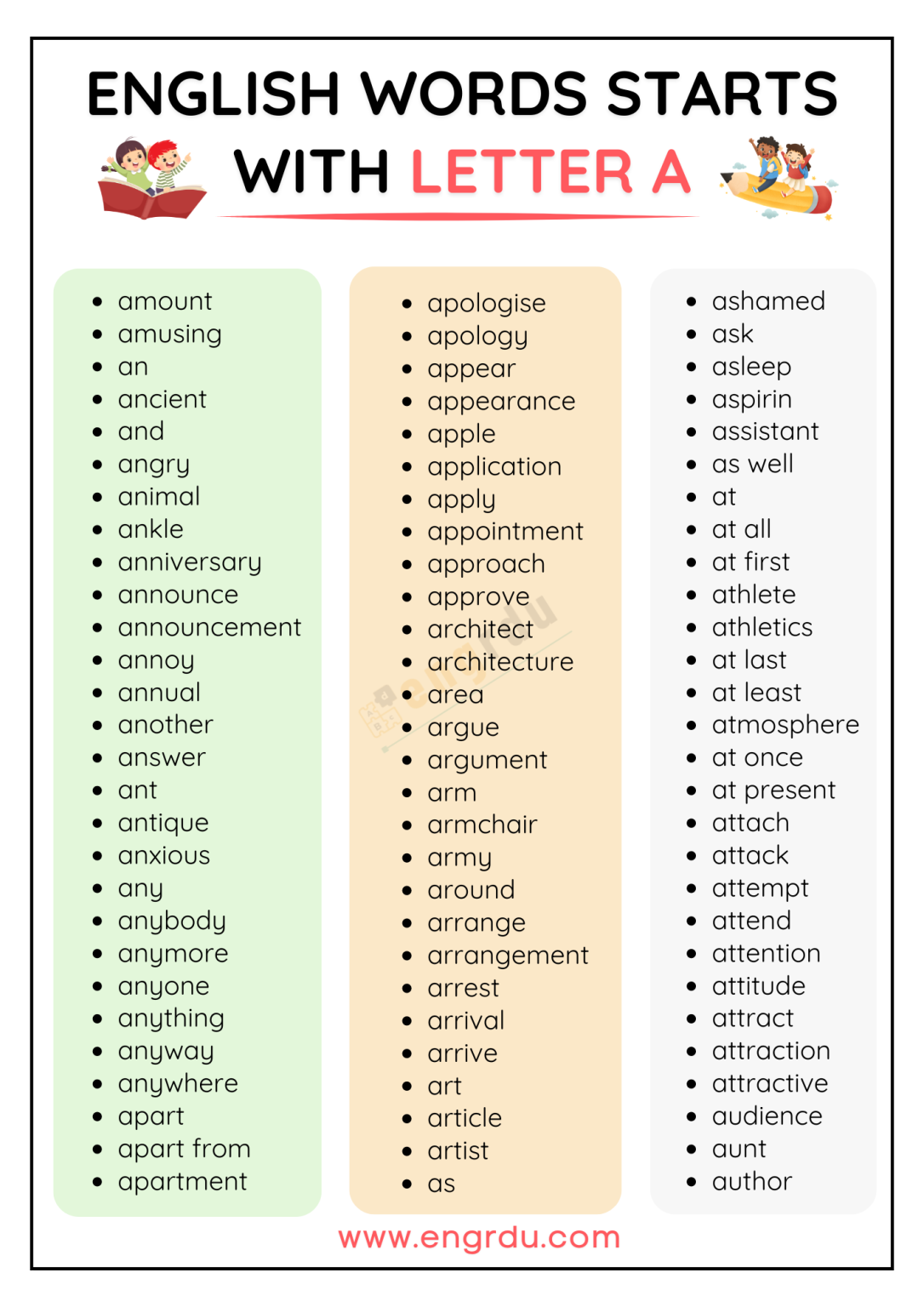 500+ English Words Starts With The Letter A - Engrdu