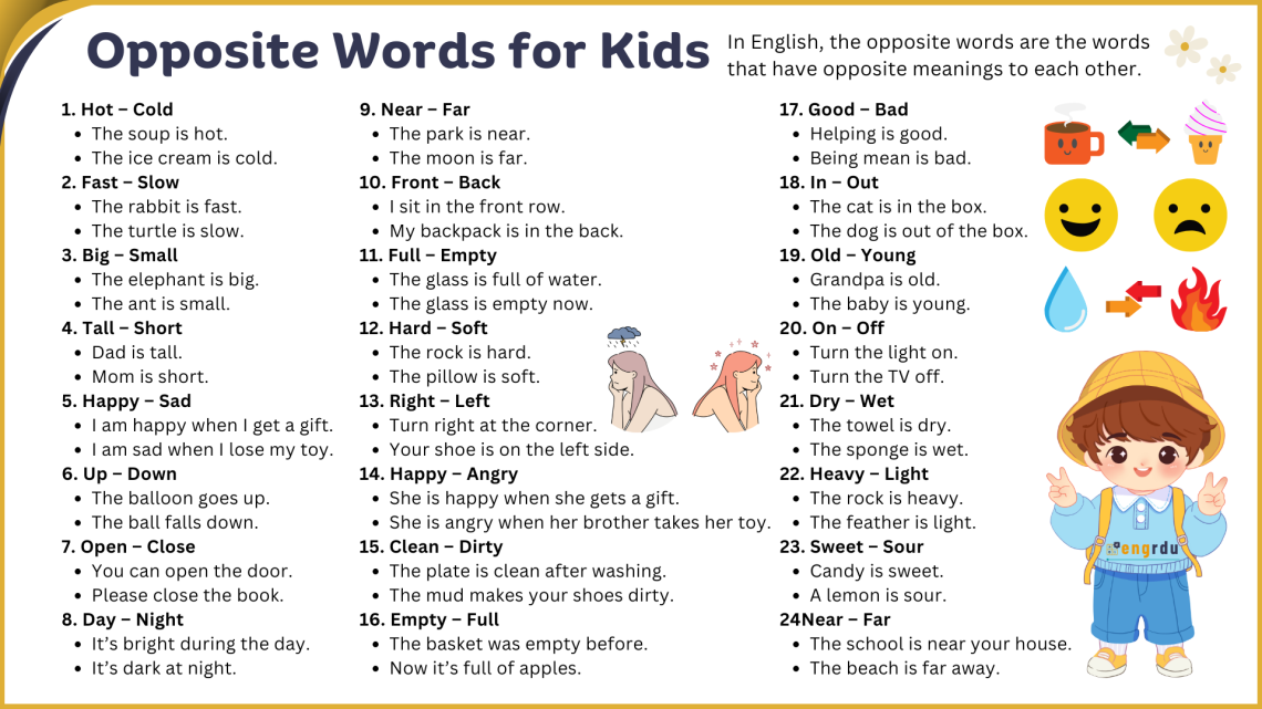 100 Opposite Words for Kids with Example Sentences - Engrdu