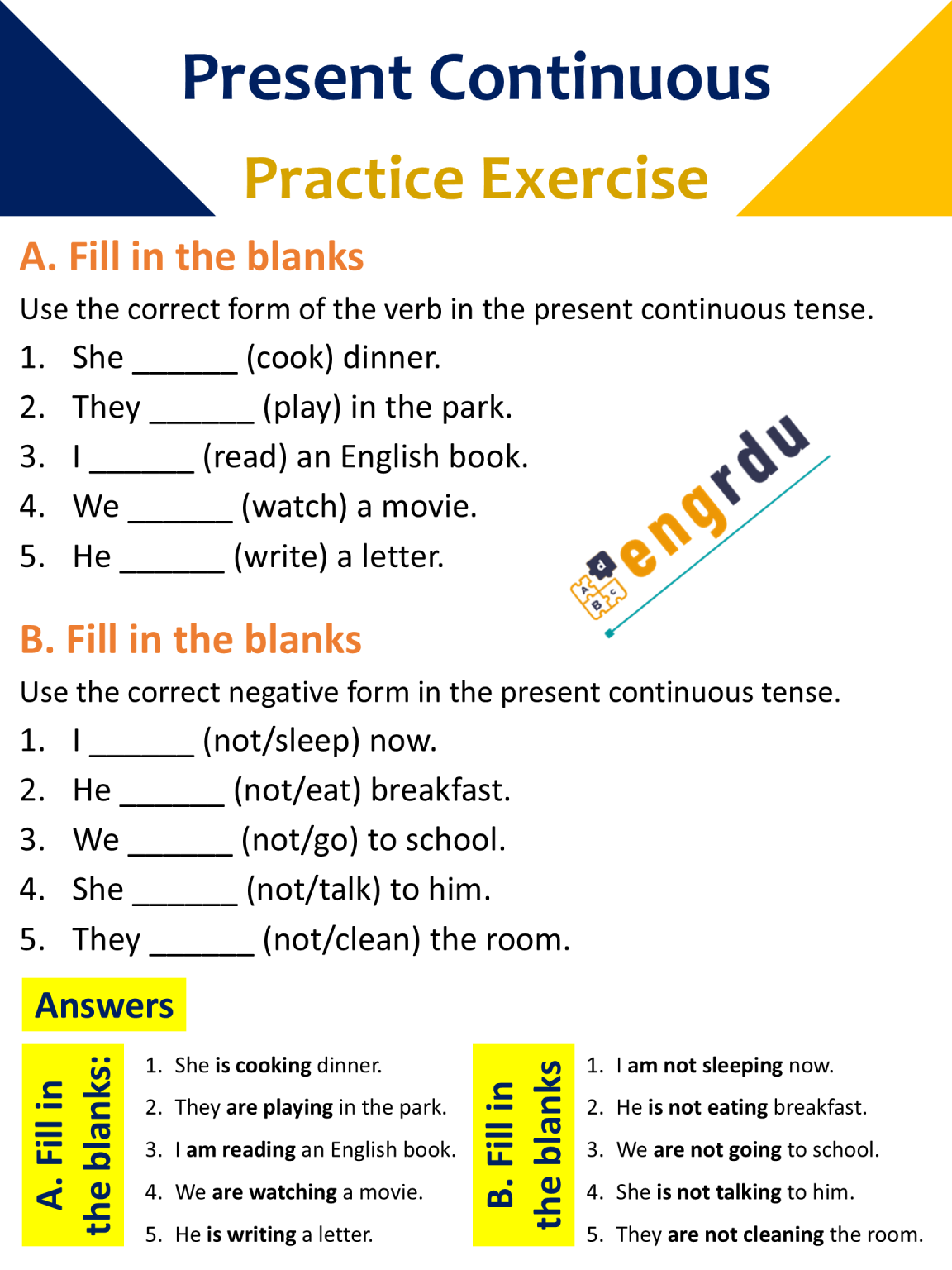 Present Continuous Tense Practice Exercises - Engrdu