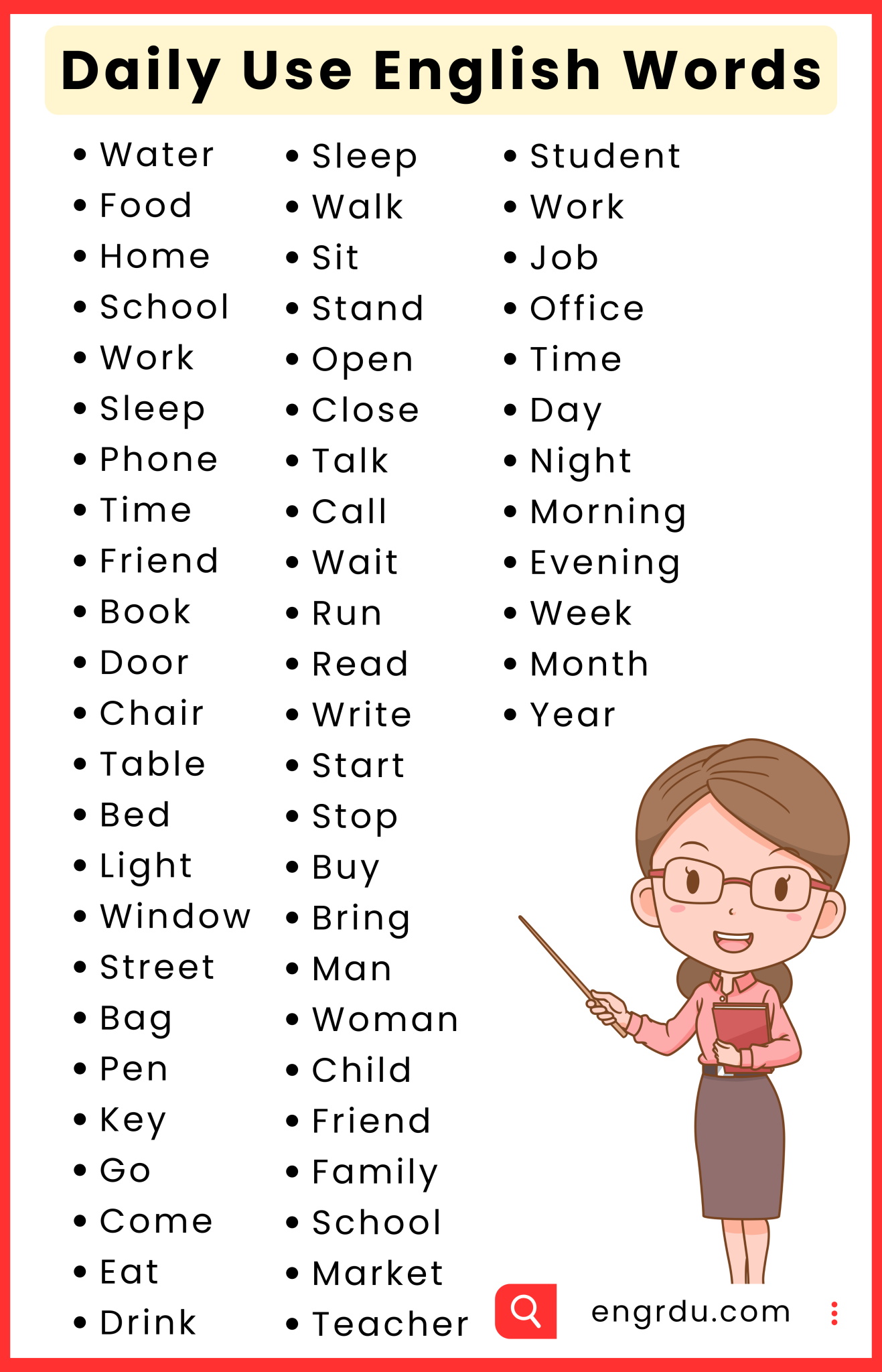 100 Daily Use English Words for Beginners Level - Engrdu