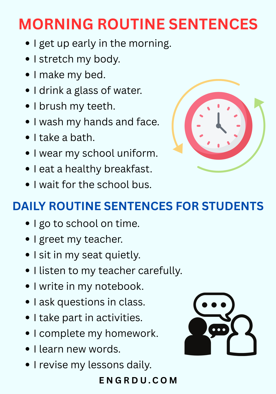 50 Daily Routine Sentences for Beginners in English - Engrdu