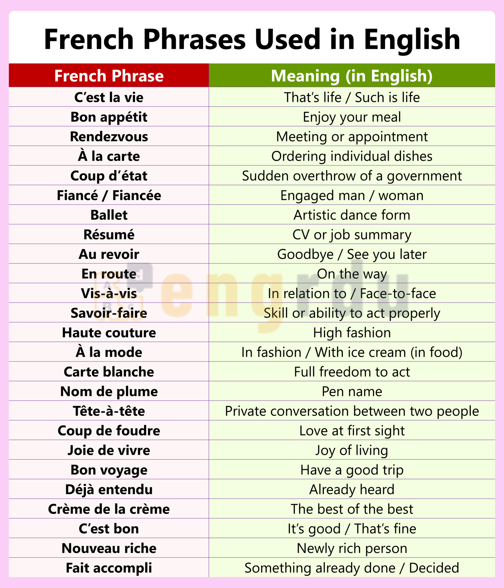 French Phrases Used in English with Meanings and Examples - Engrdu