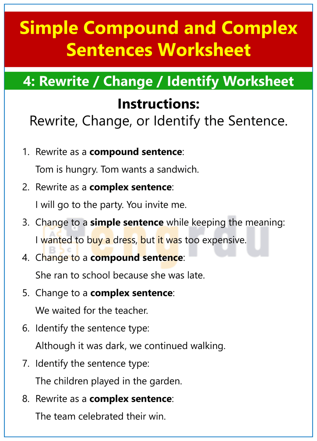 Simple Compound and Complex Sentences Worksheet - Engrdu