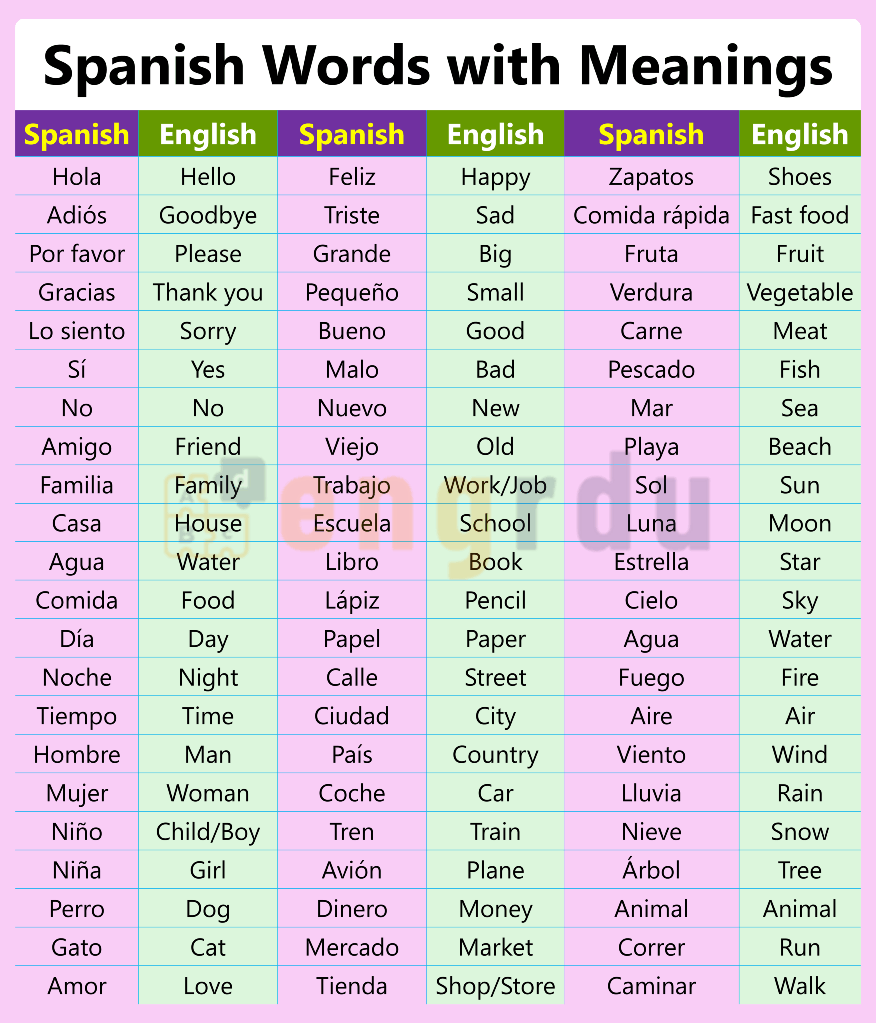 100 Spanish Words with Meanings and Examples - Engrdu