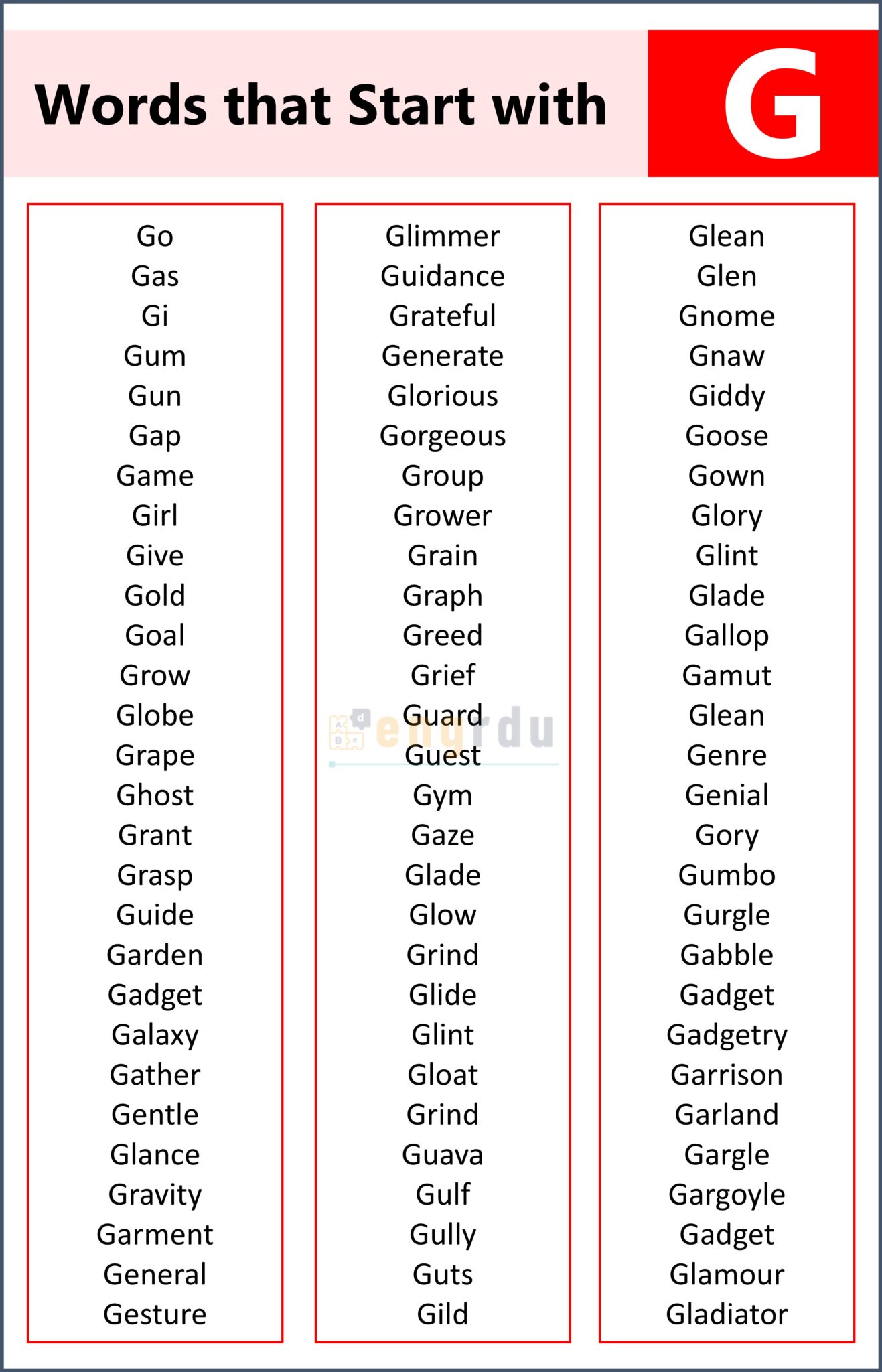 100 English Words That Start with G | G-Words List - Engrdu