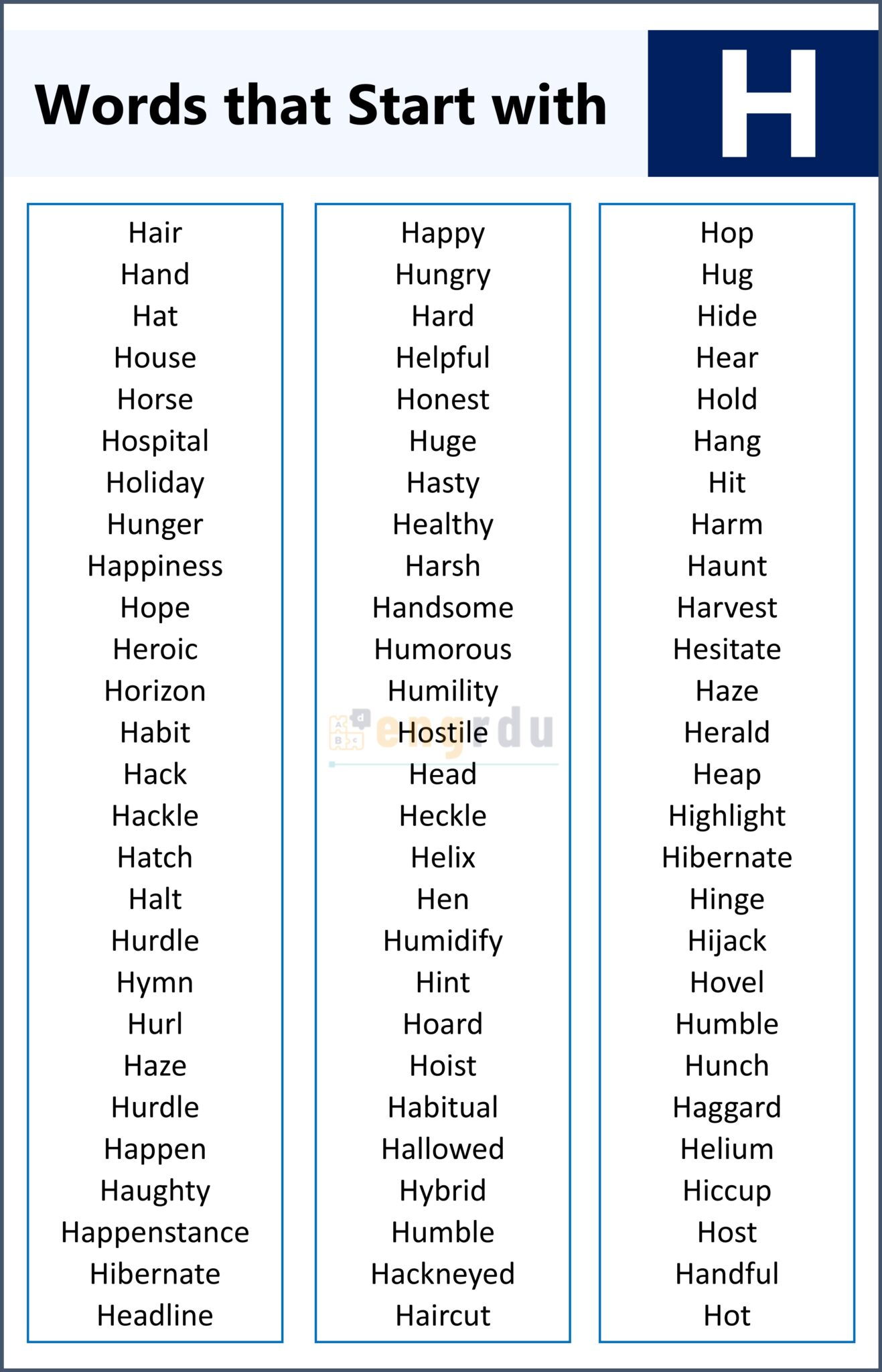 200+ English Words That Start with H | H-Words List - Engrdu