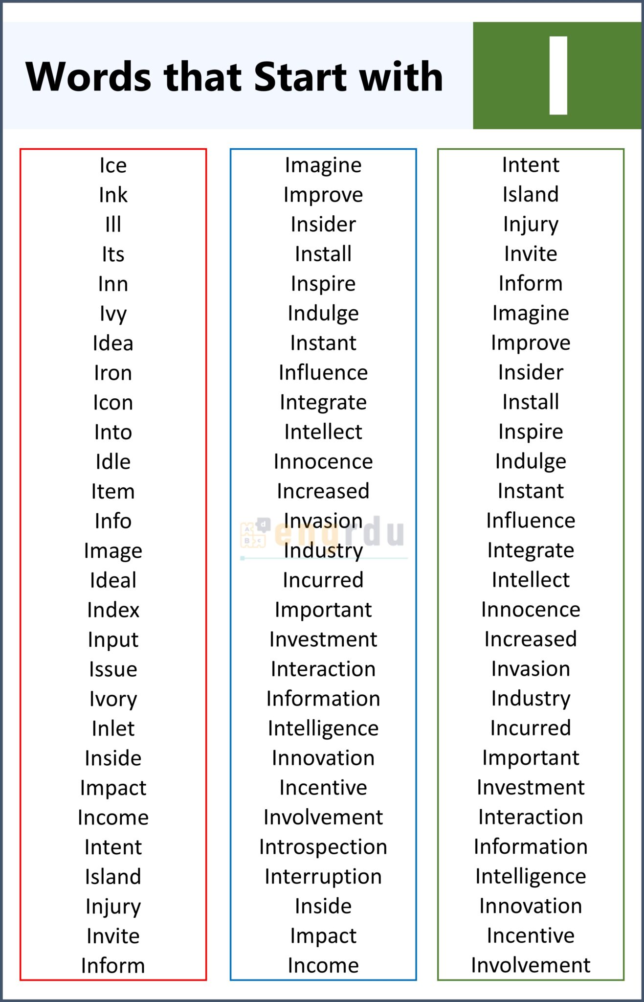 250+ English Words that Start with I | I-Words List - Engrdu
