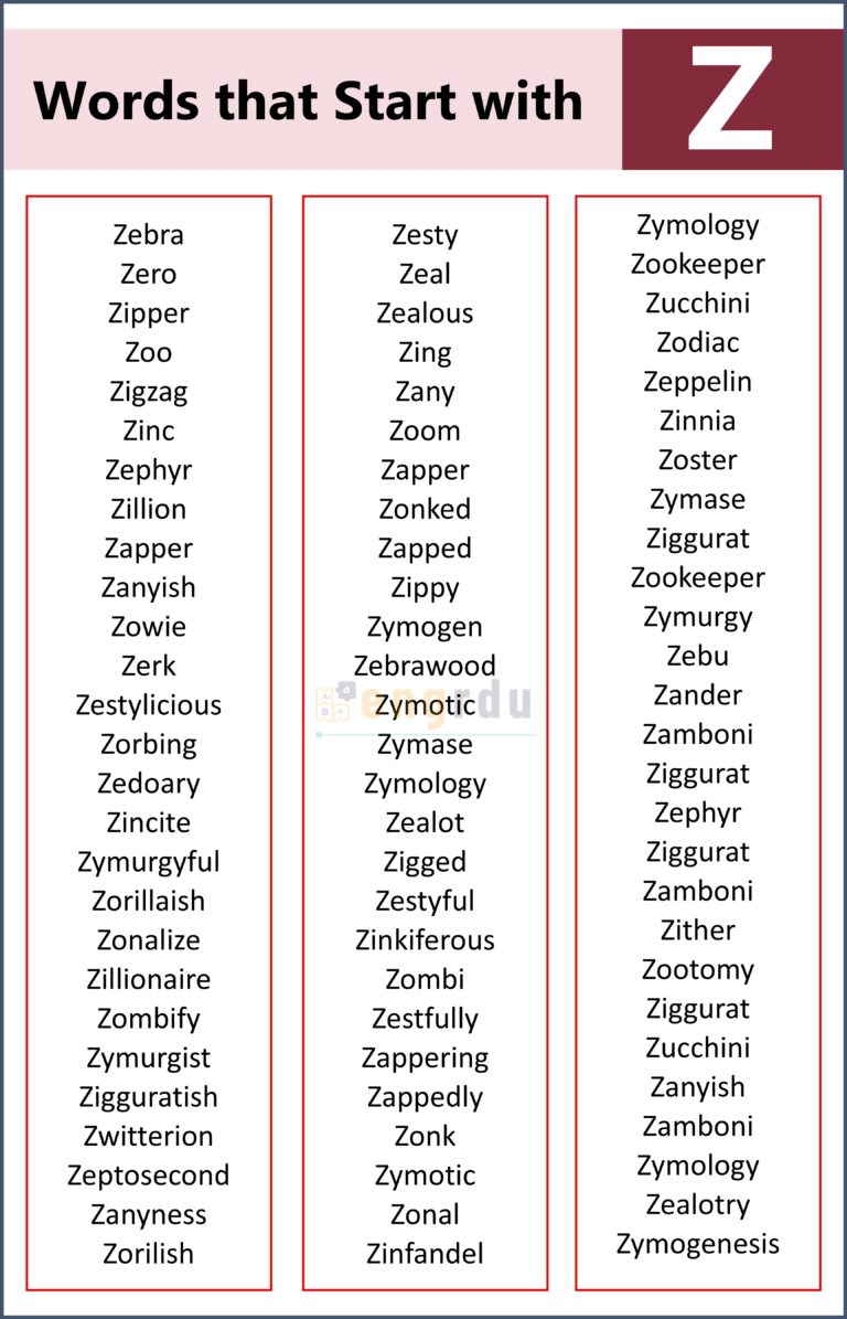 500+ Words that Start with Z | Z-Words List in English - Engrdu