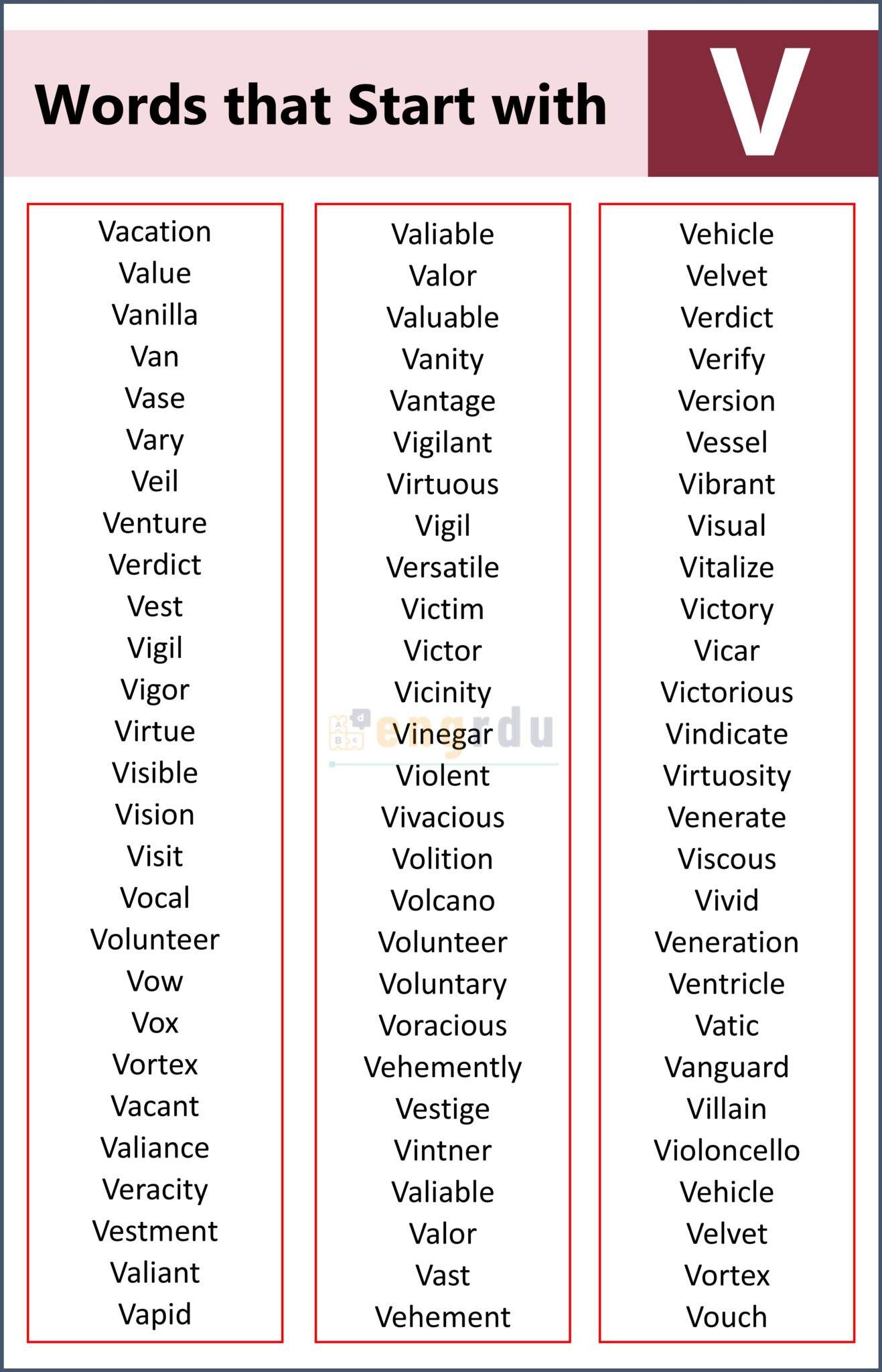 500+ Words that Start with V | V-Words List in English - Engrdu