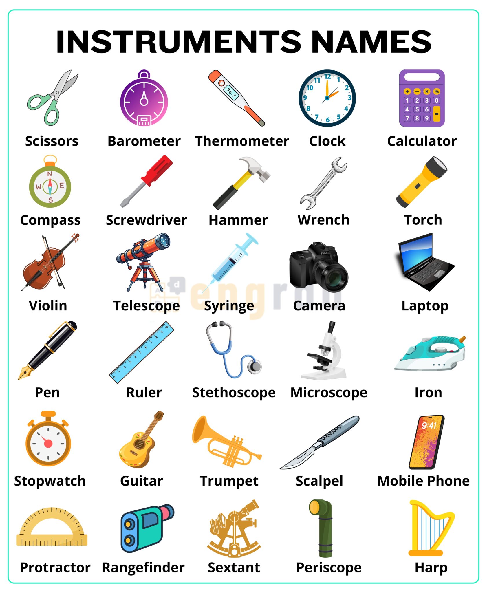 165 Instruments and Their Names in English with Pictures - Engrdu